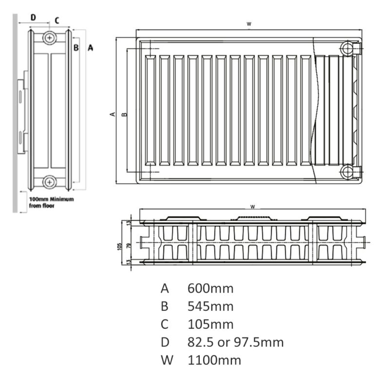 K Rad 600H x 1100W K2 DC Radiator 10 Year Warranty Kartell